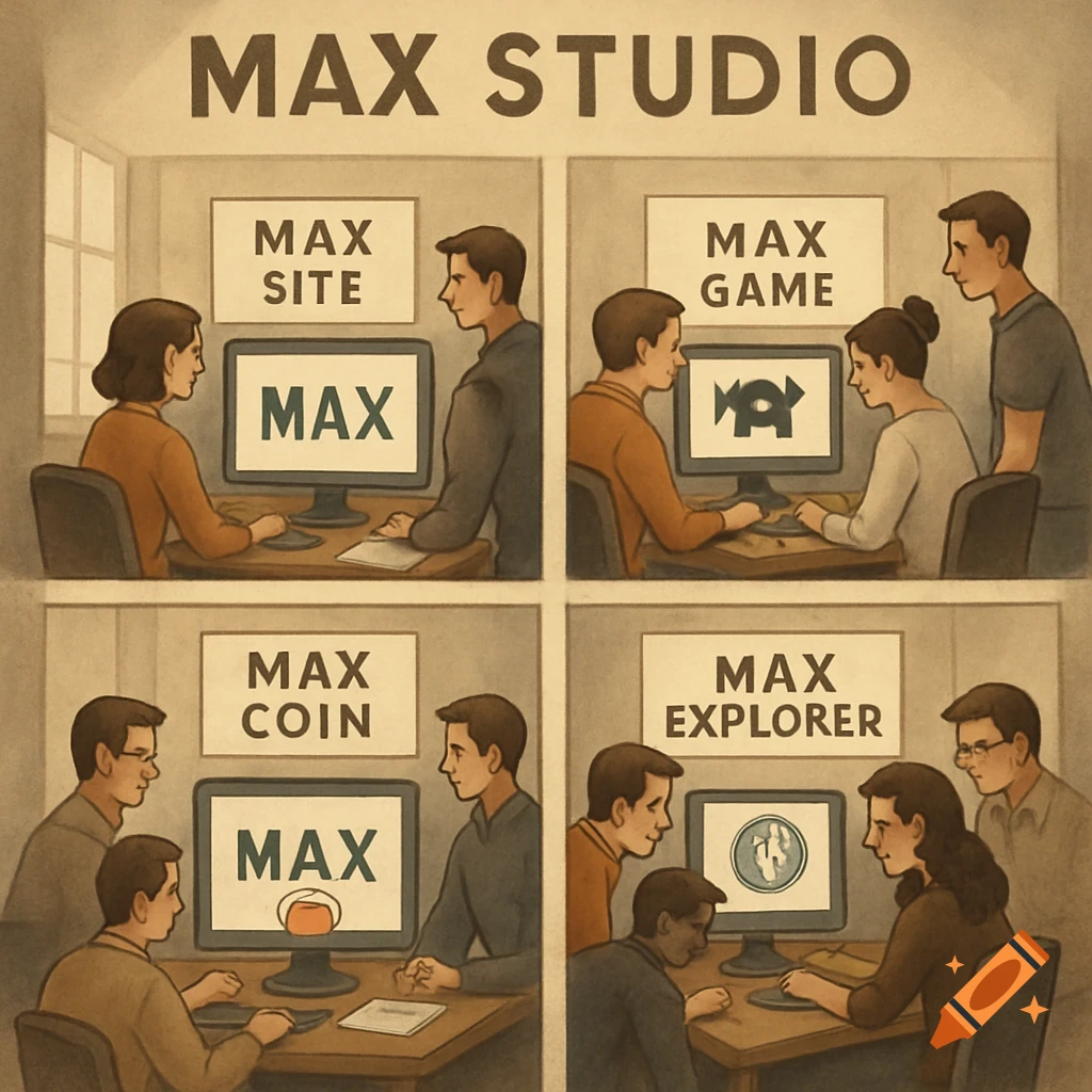 Digital painting shows four panels of people working on computers in a ...