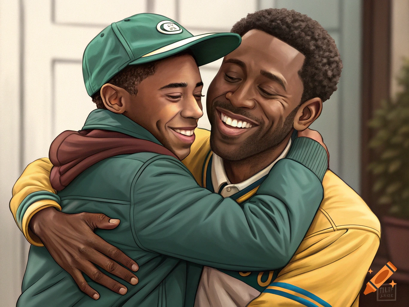 Two men hugging and smiling, stylized art. on Craiyon