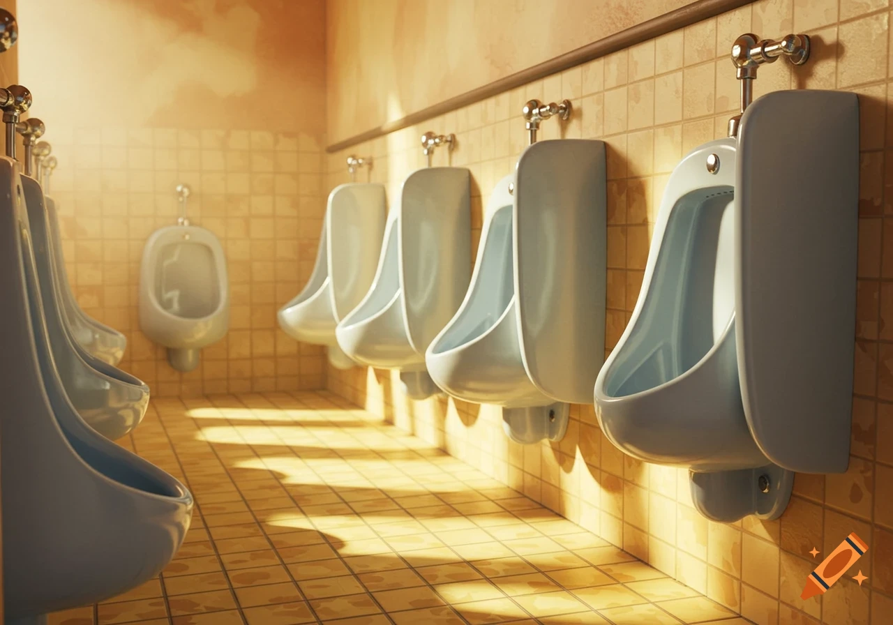 Row of urinals in a sunlit tiled bathroom on Craiyon