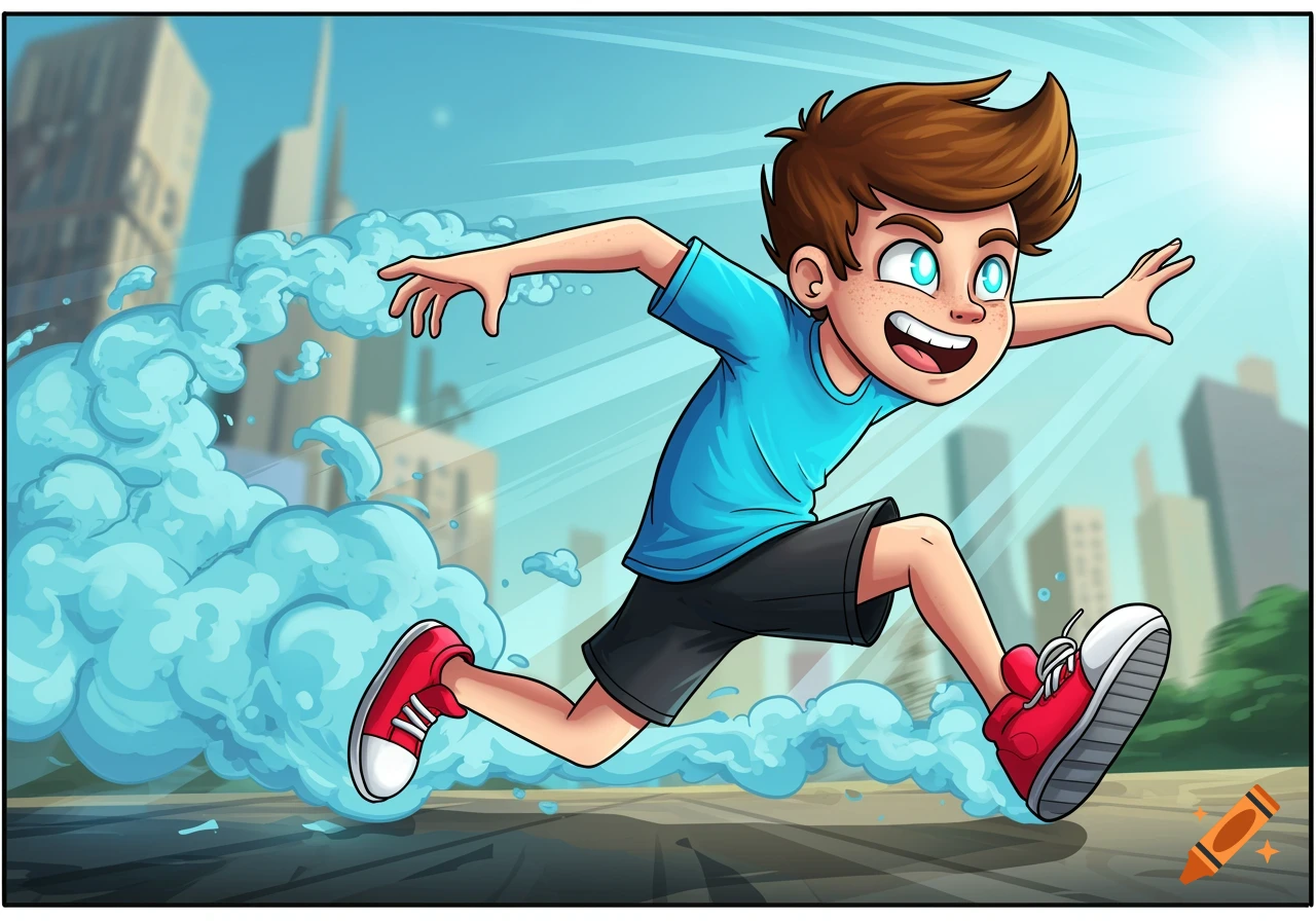 A vibrant cartoon of a young boy with windblown hair running at ...