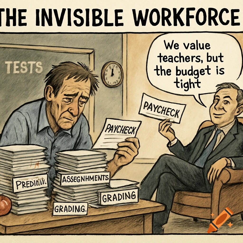A political cartoon titled 'The Invisible Workforce' shows a tired teacher with piles of papers ...