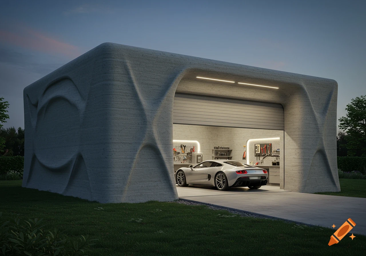 A modern concrete 3D printed garage with a white sports car parked ...