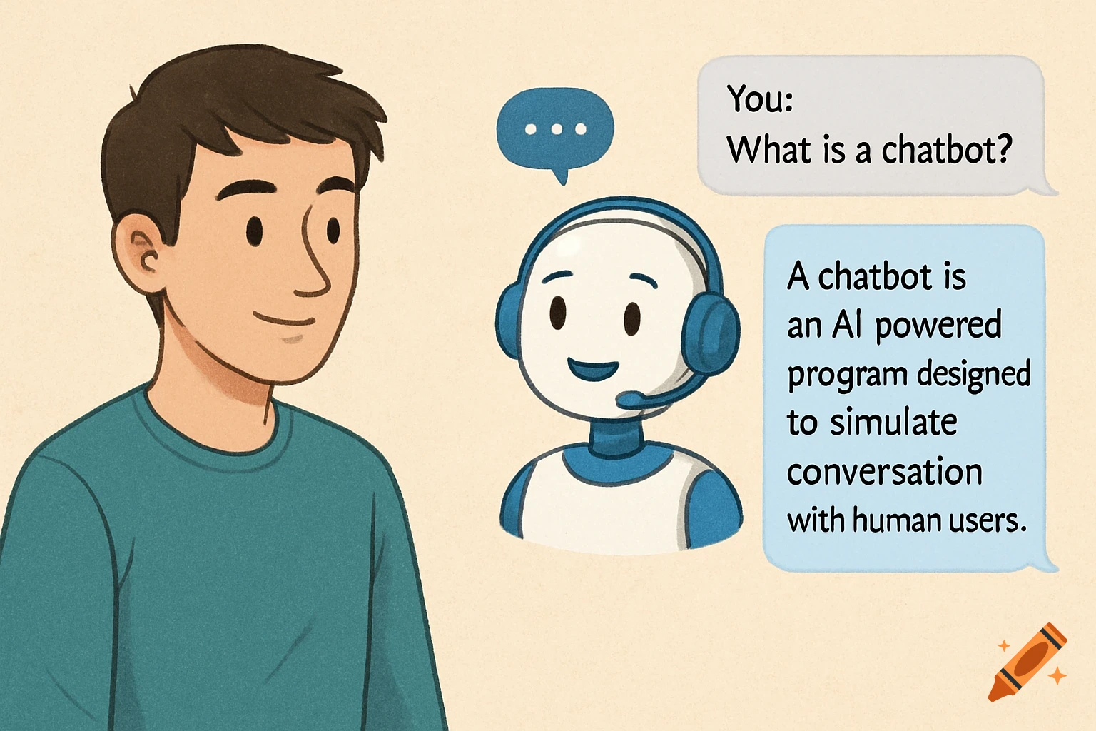 Cartoon illustration of a man talking to a robot chatbot with speech ...