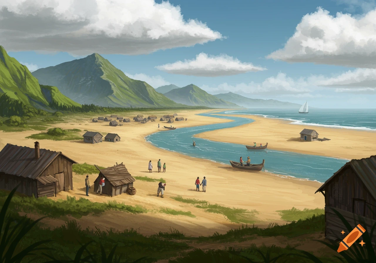 Anime illustration of Taino people in a coastal village with thatched ...