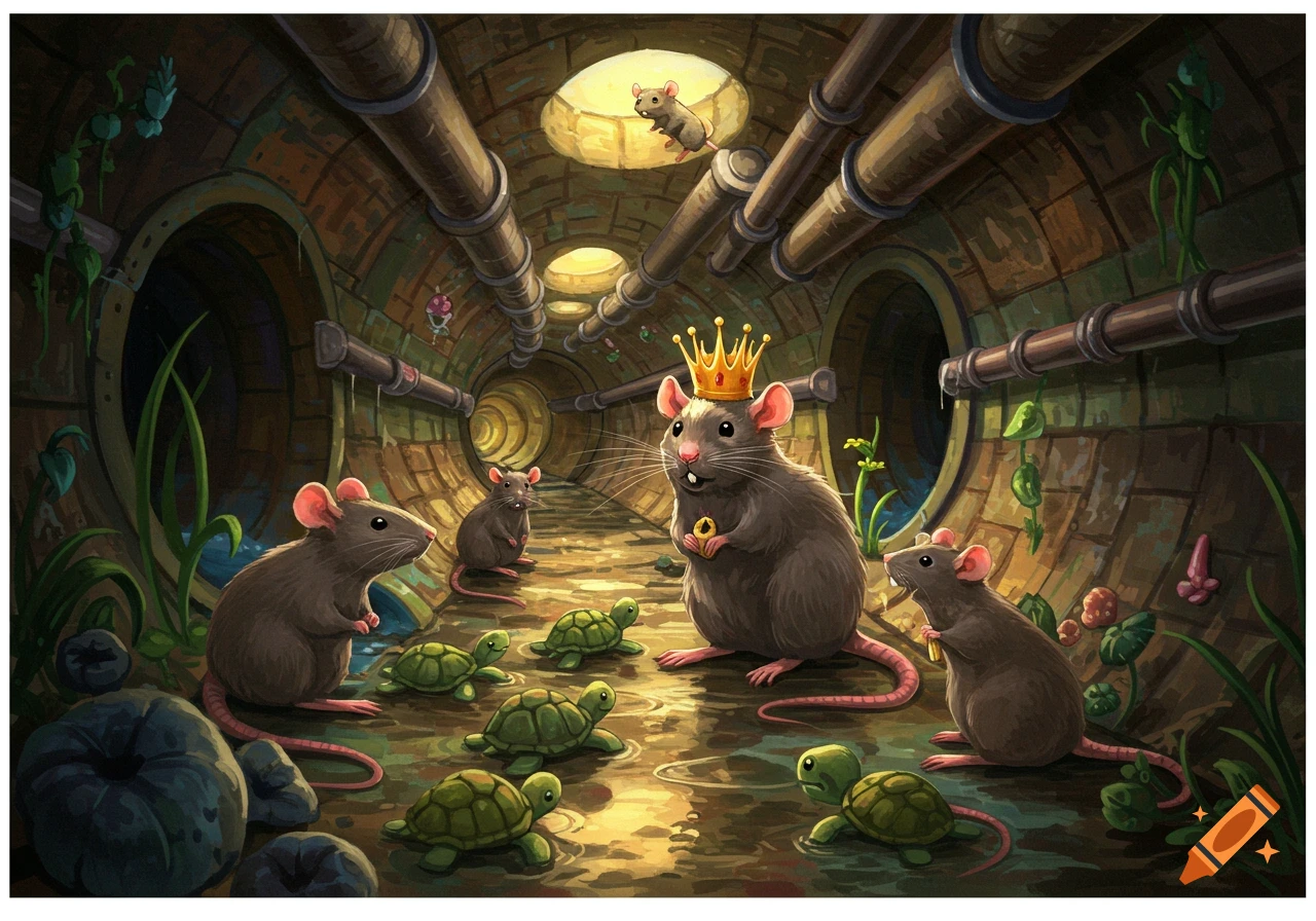 Stylized illustration of a rat king in hockey gear, surrounded by other ...