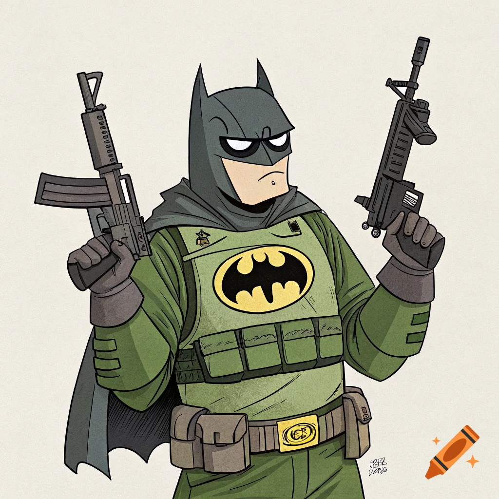 Cartoon illustration of Batman in green military tactical gear holding ...