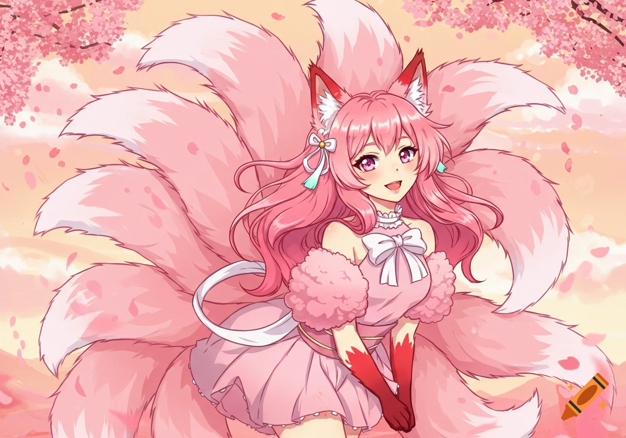 Anime style illustration of a pink-haired female kitsune with multiple ...