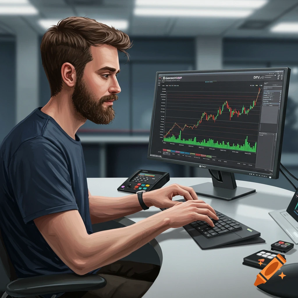 Illustration of a happy man looking at a financial chart with money ...