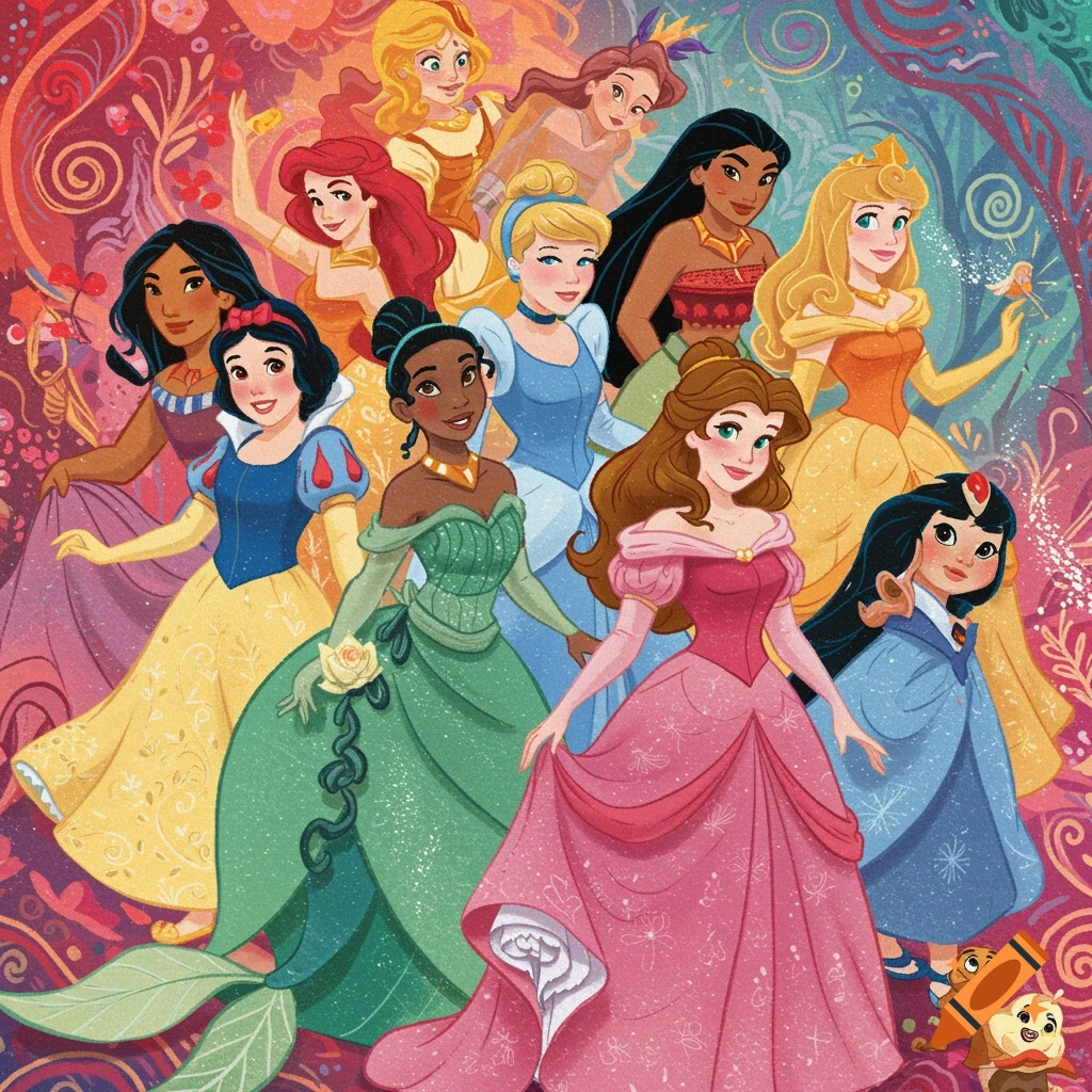 Colorful illustration of a group of Disney princesses together. on Craiyon