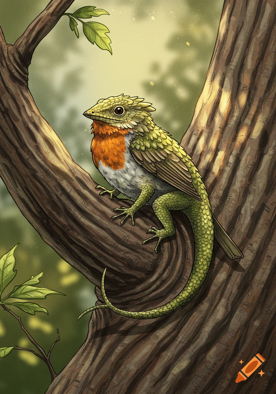 Illustration of a fantasy creature, a lizard-bird hybrid, perched on a tree branch. on Craiyon