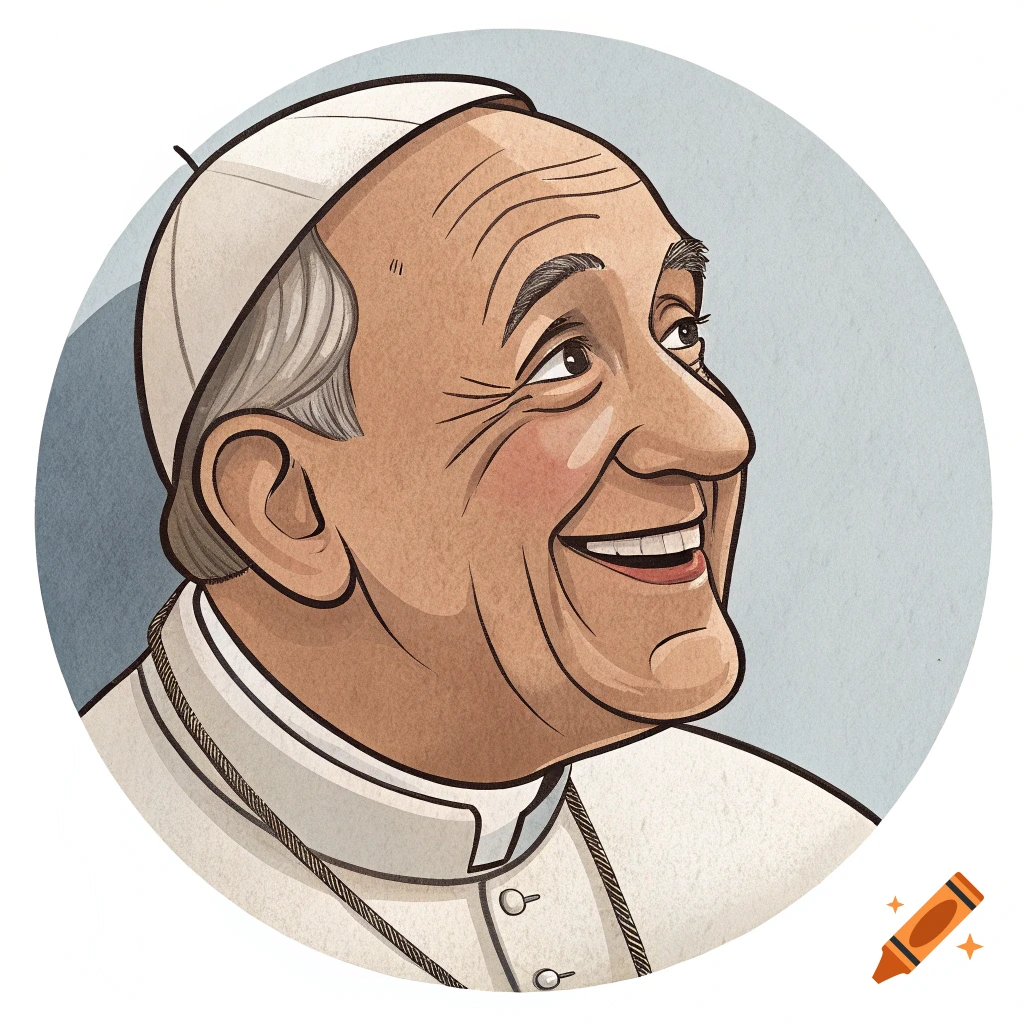 Cartoon portrait of Pope Francis smiling and looking up within a circle ...
