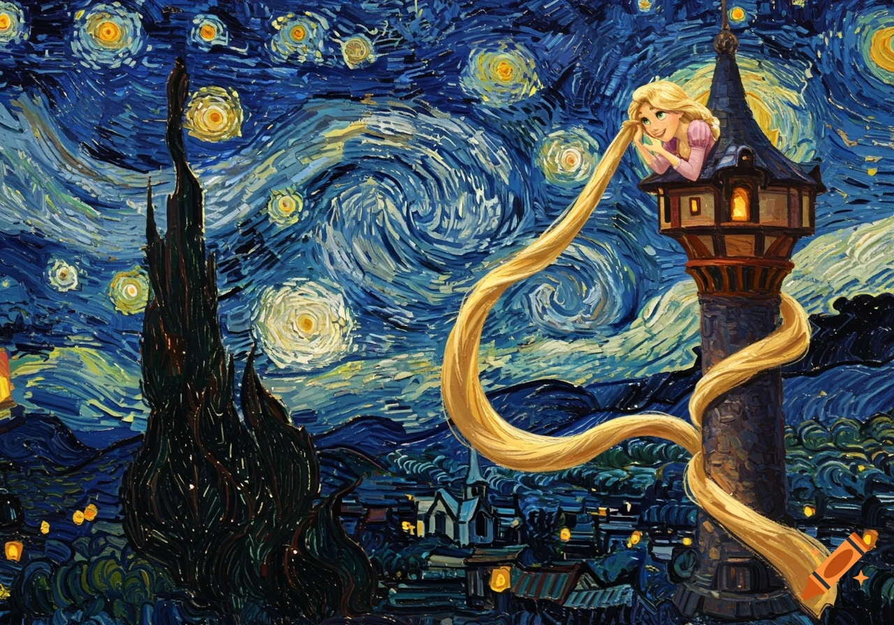 Rapunzel in a tower with her long hair hanging down, rendered in the ...