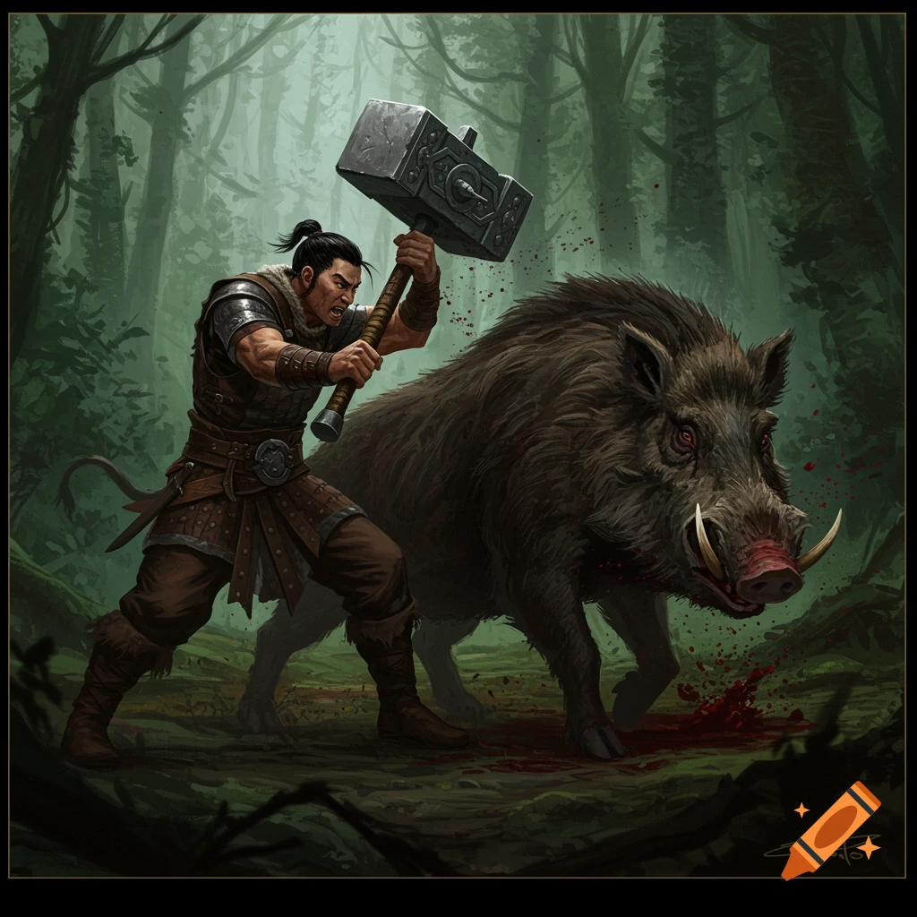 A warrior striking a wild boar with a hammer in a dark forest. on Craiyon