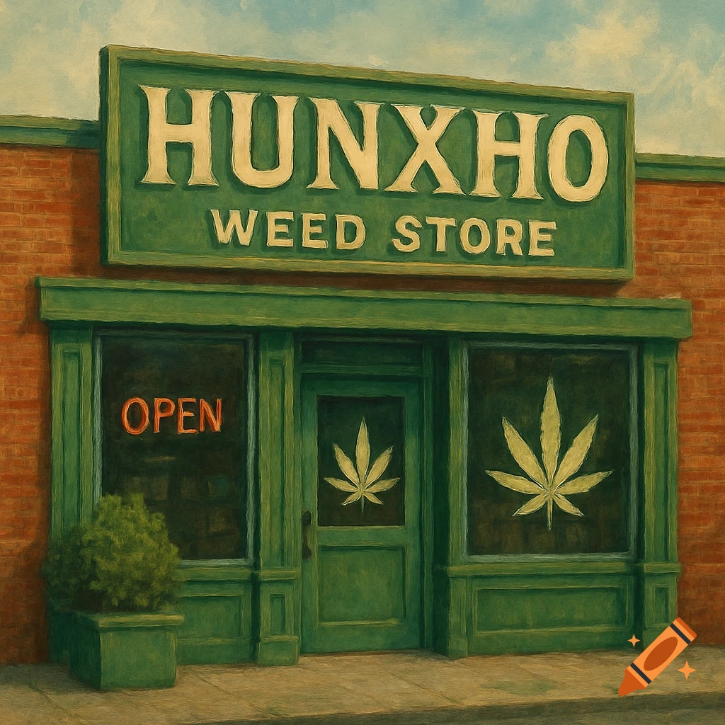 Painterly image of a green storefront with a sign reading "HUNXHO WEED STORE", cannabis leaf ...