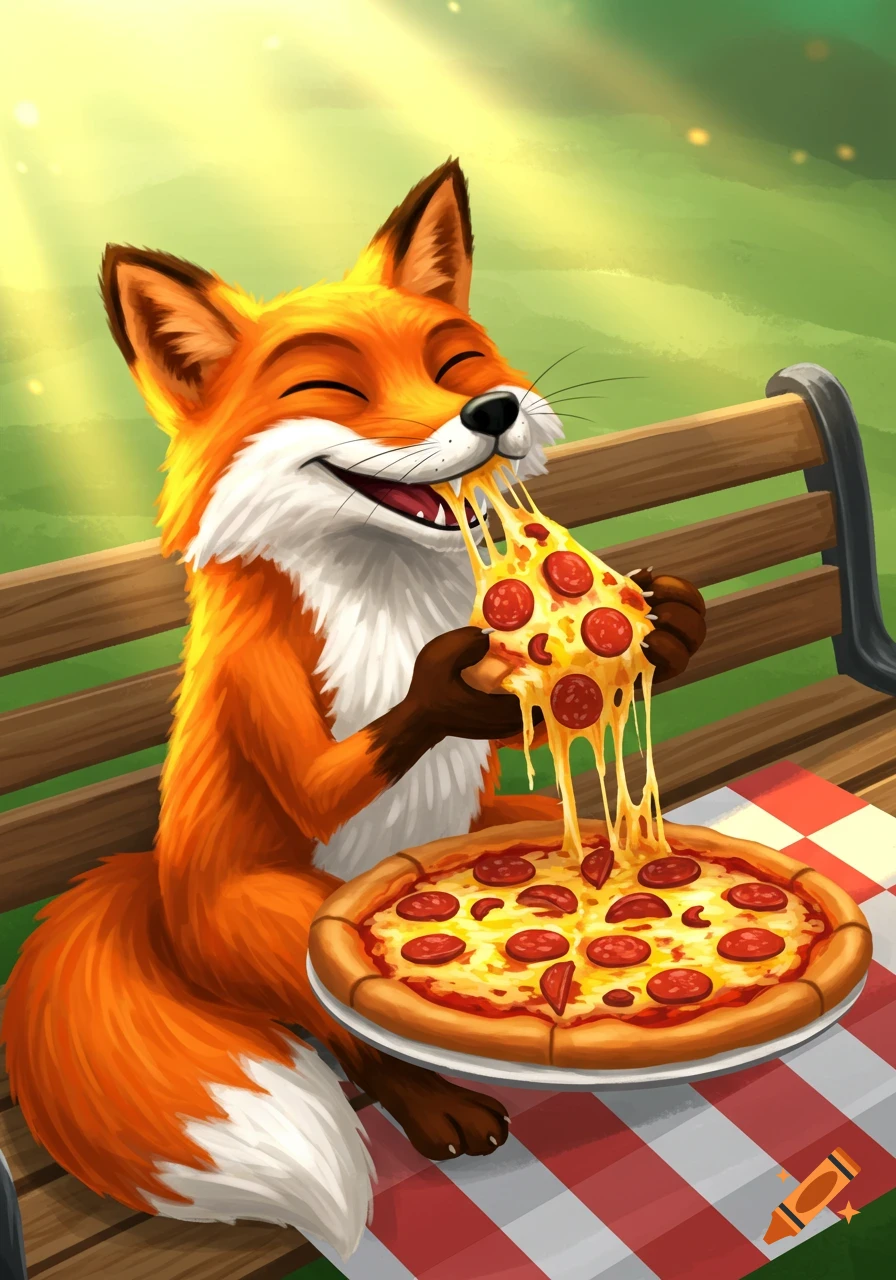 Cartoon fox happily eating a slice of cheesy pizza on a park bench on ...