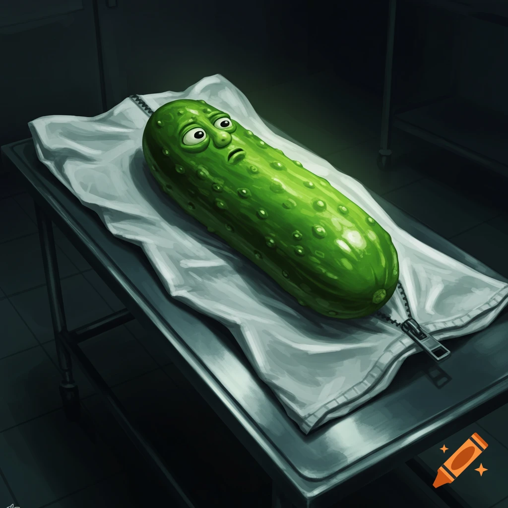 A pickle character lying in a body bag on a metal table. on Craiyon