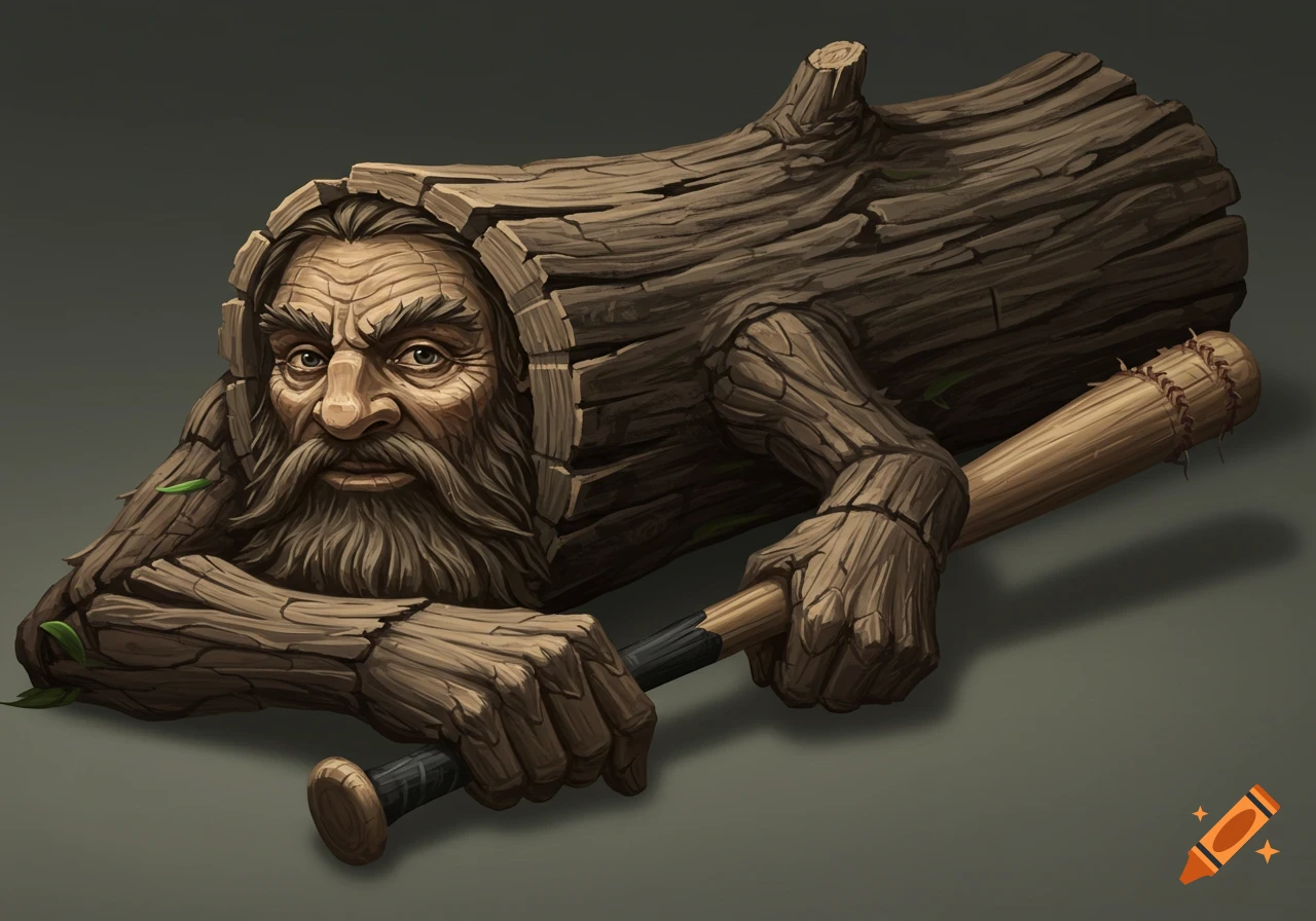 A giant wood log creature with a human face holding a baseball bat. on ...