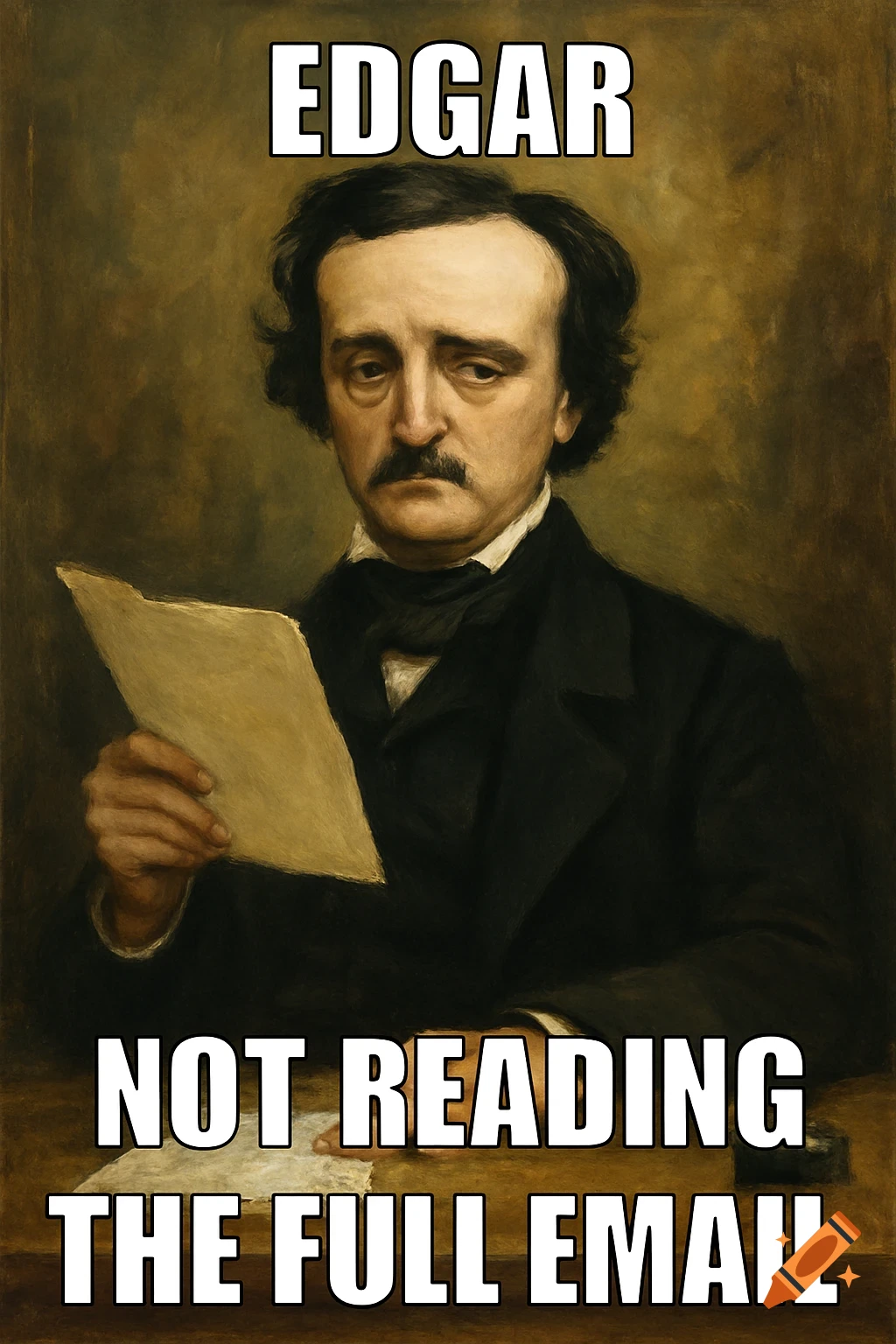 Meme of Edgar Allan Poe holding a paper with text 'EDGAR NOT READING ...