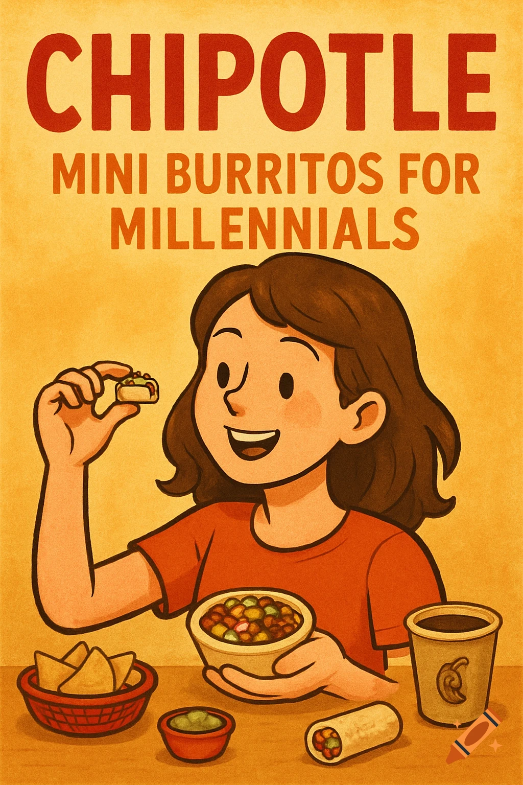 Illustration in a vintage poster style shows a sandwich, salad, drink ...