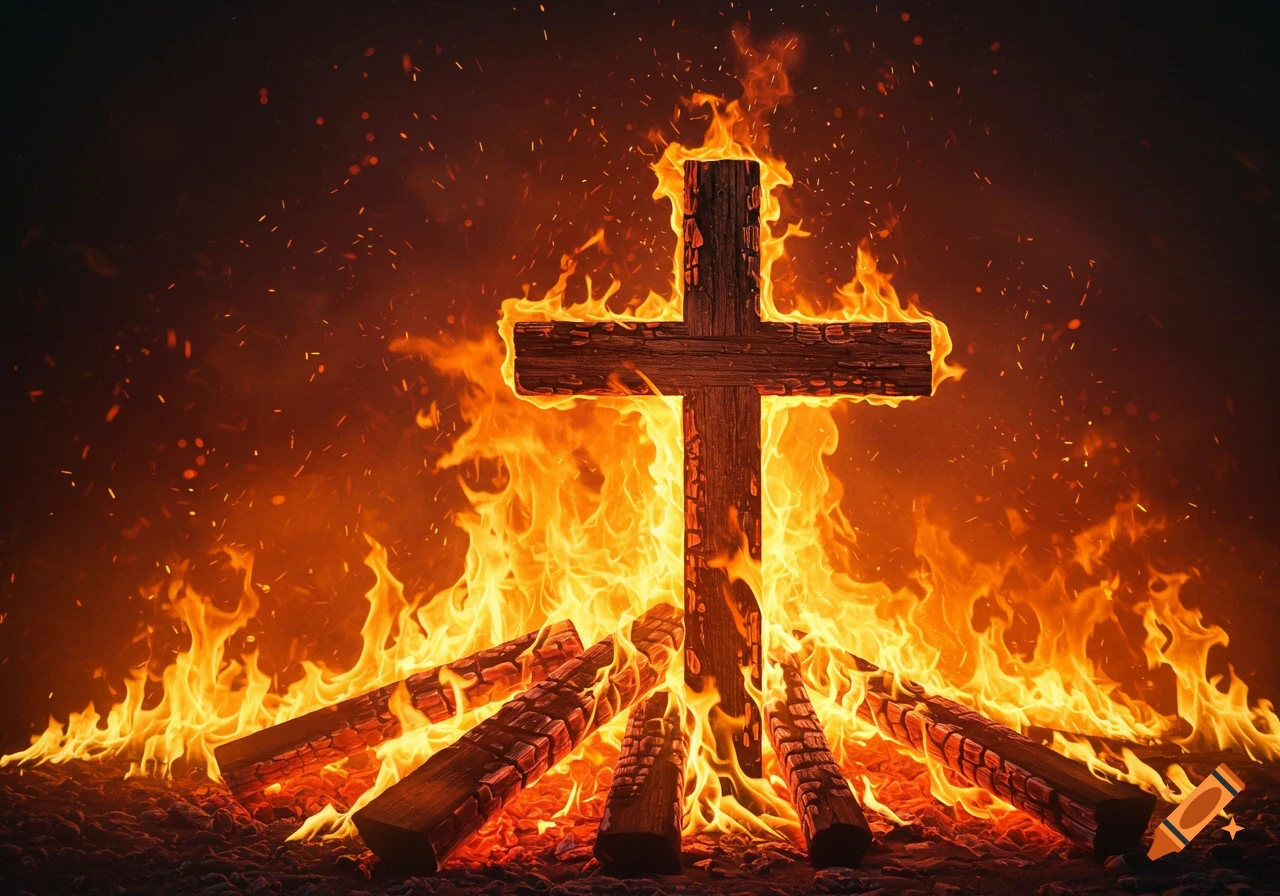 A wooden cross burning in a large fire with logs and embers. on Craiyon