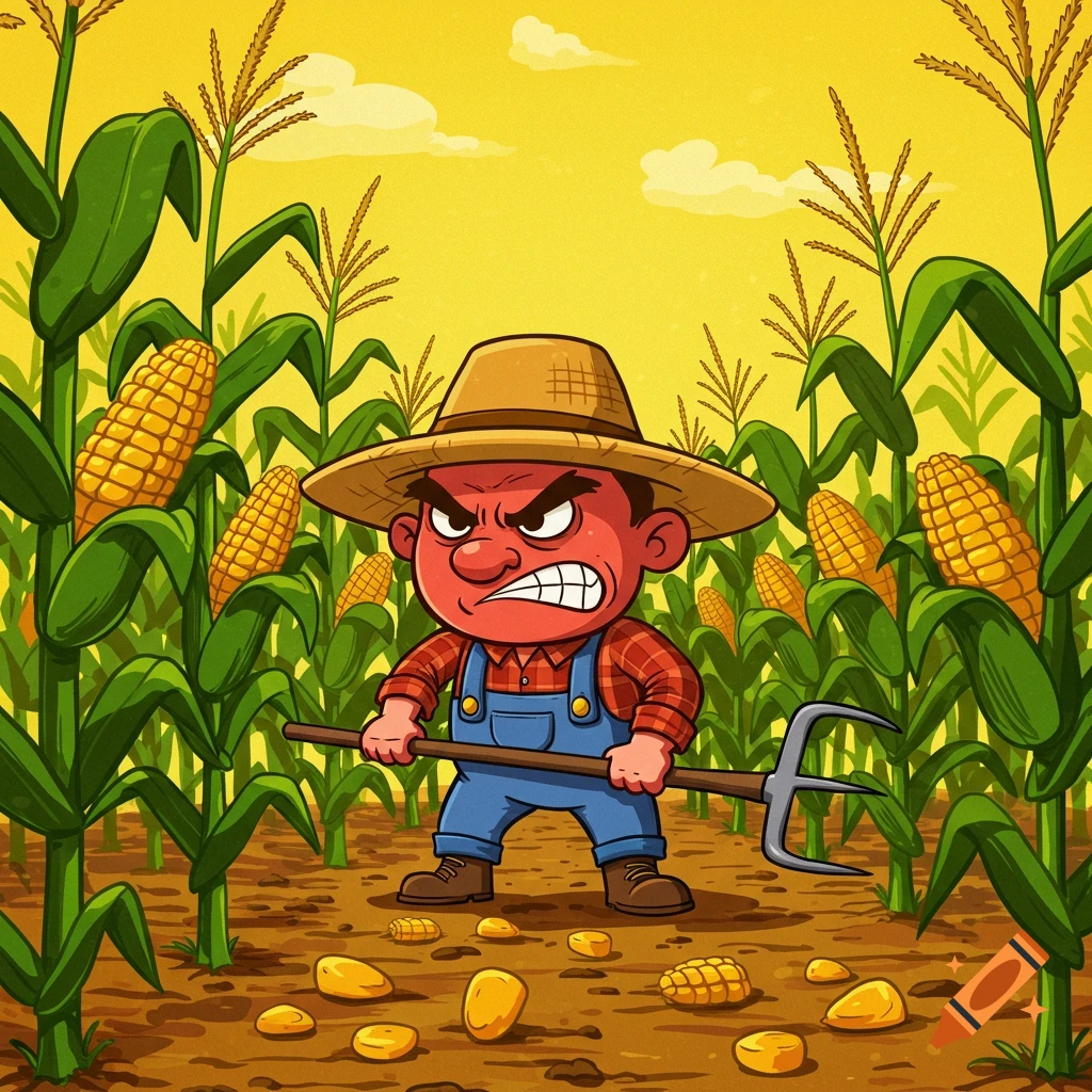 A cartoon angry farmer stands in a cornfield holding a pitchfork. on Craiyon