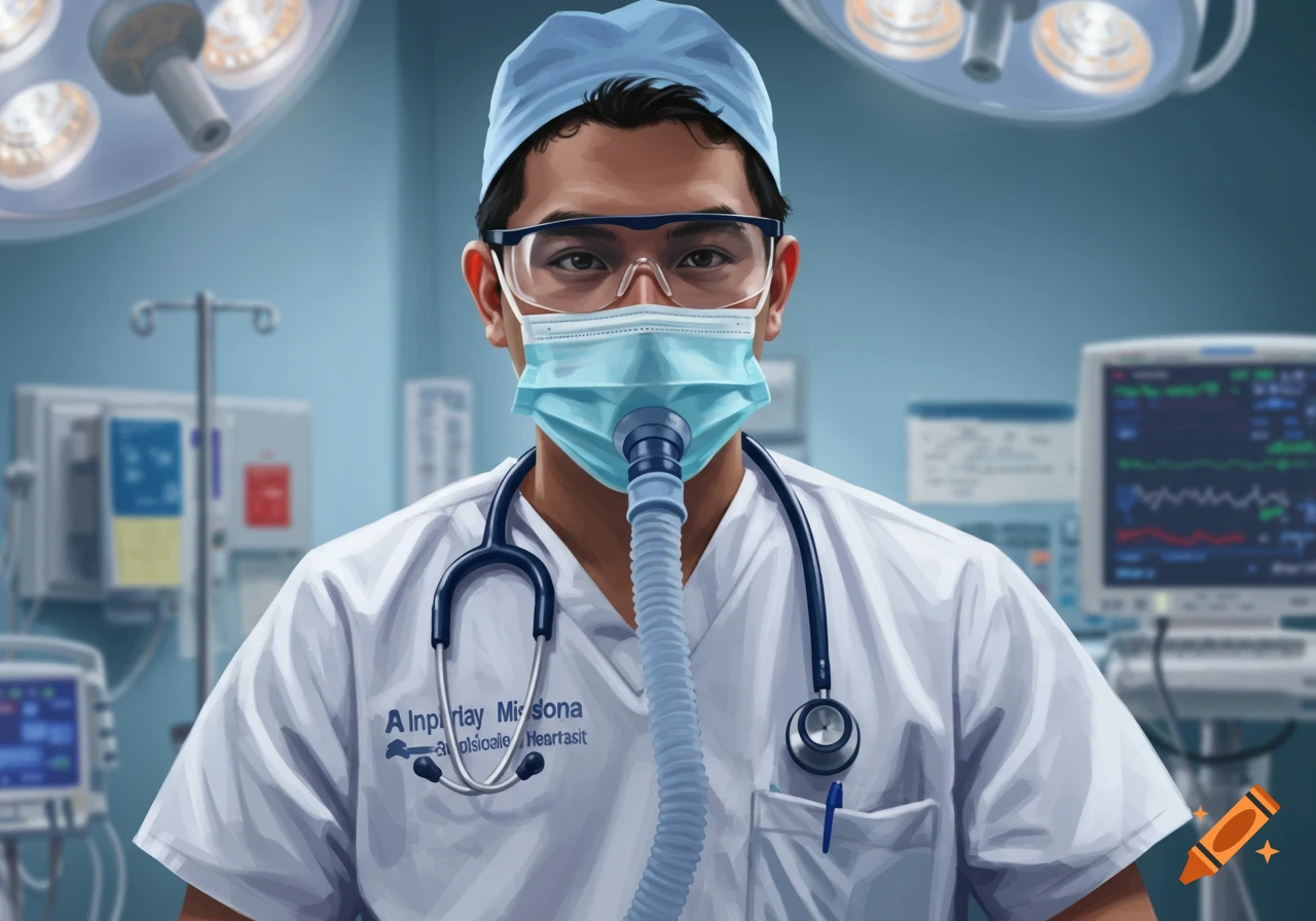 Respiratory therapist in mask and goggles with stethoscope on Craiyon