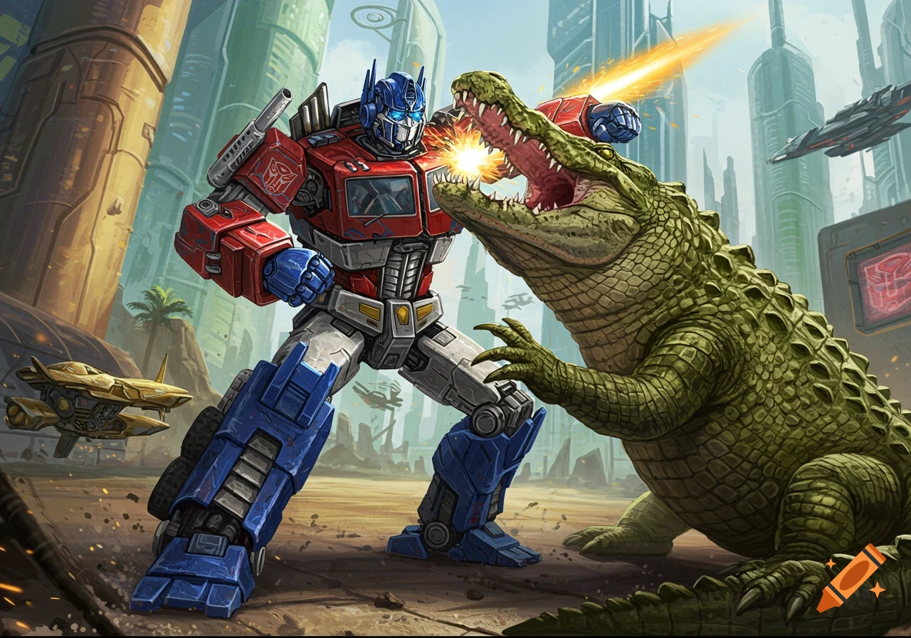 Optimus Prime fights a giant alligator in a futuristic city. on Craiyon
