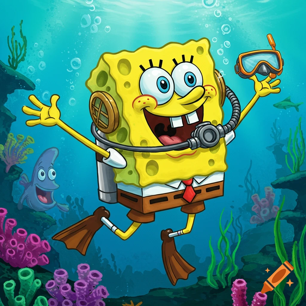Cartoon of Spongebob Squarepants in scuba gear underwater, smiling. on ...