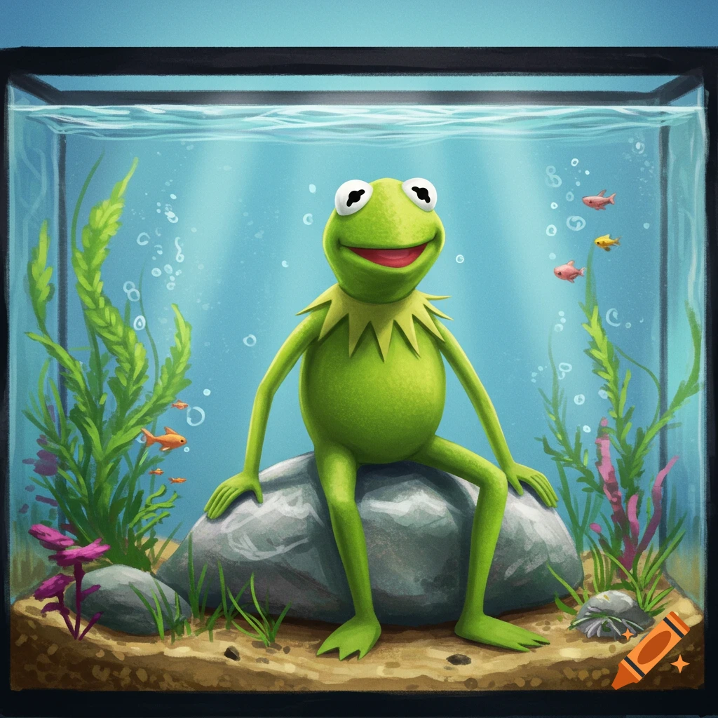 Kermit the Frog sitting on a rock inside an aquarium with plants and ...