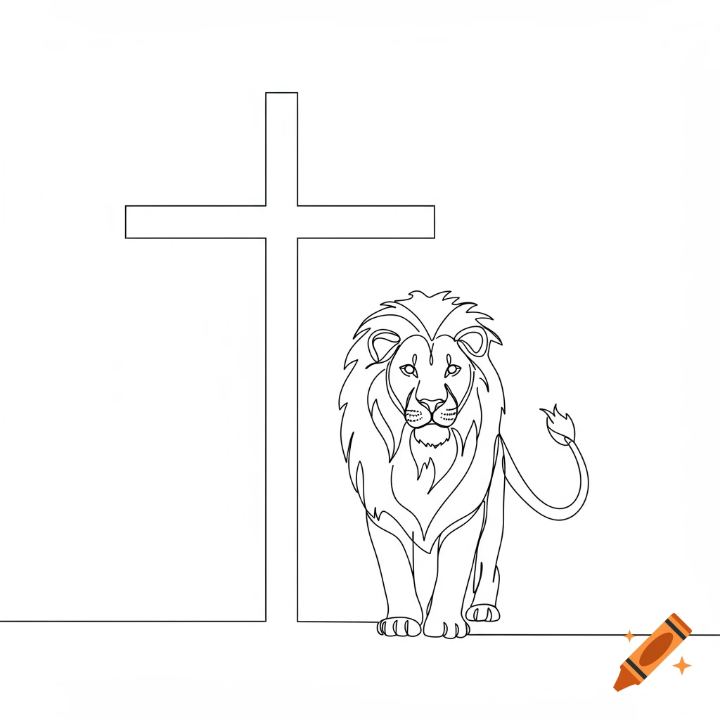 Simple black and white line art drawing of a lion standing next to a ...