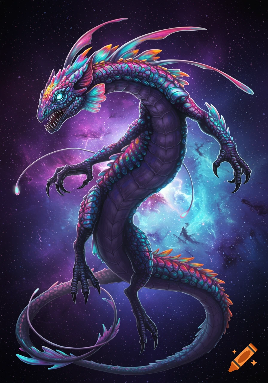 A vibrant, colorful dragon floats in space. on Craiyon