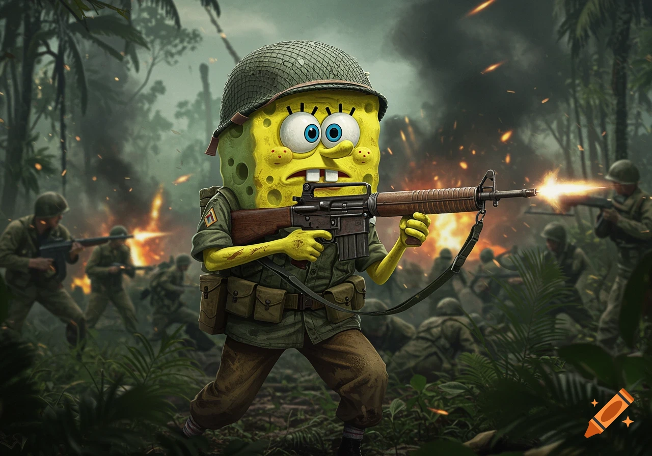 Spongebob Squarepants in military gear firing a rifle in a jungle ...