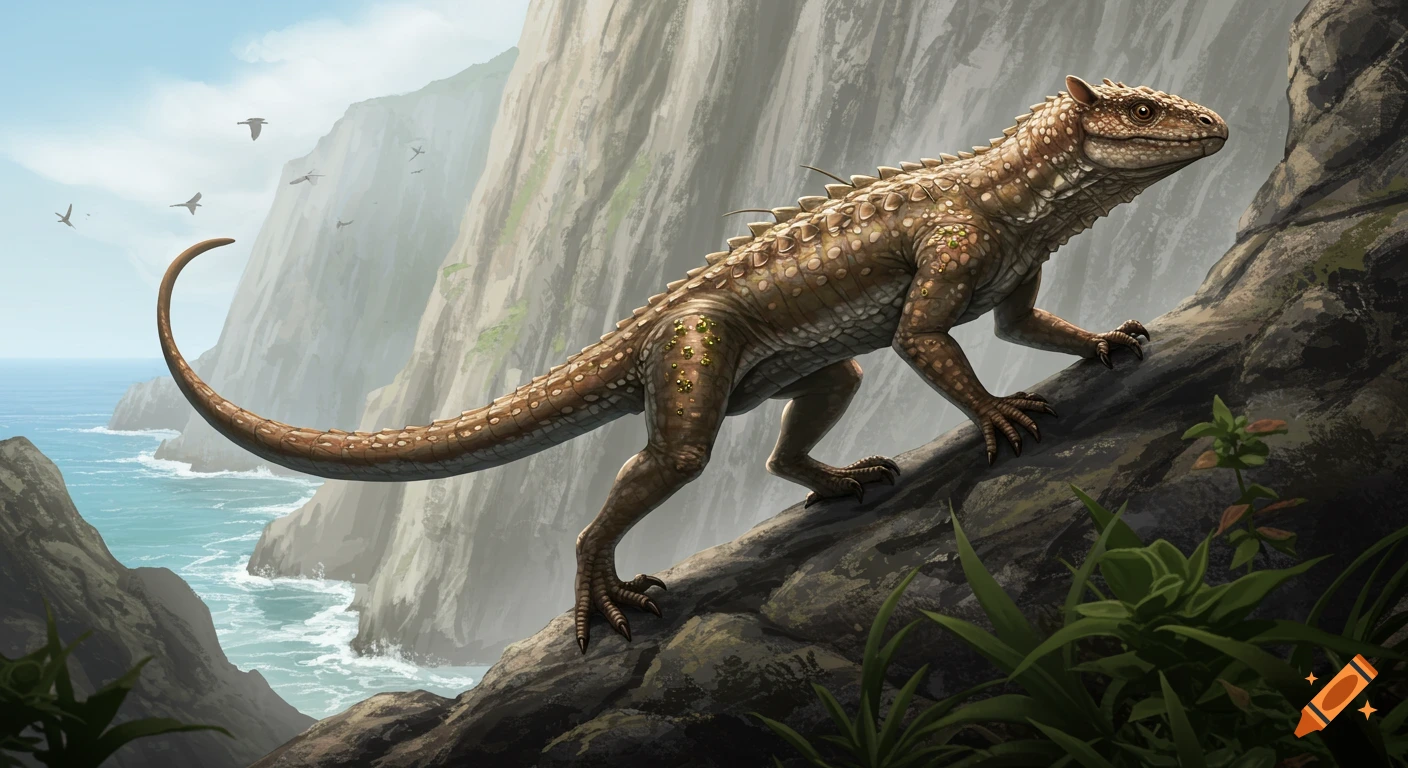 Lizard-like fantasy creature climbs a rocky cliff overlooking the ocean ...