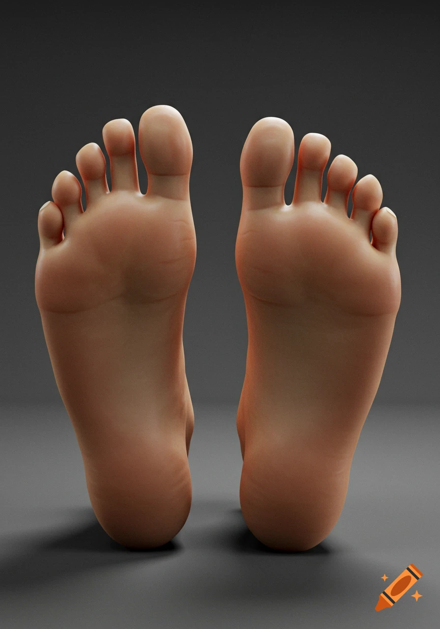 The soles of two bare feet are shown from below against a grey ...