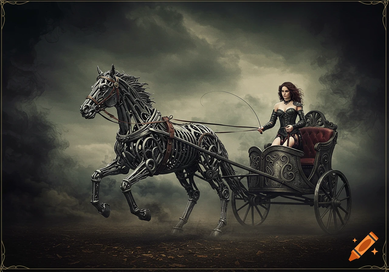 A woman in a gothic outfit rides in a chariot pulled by a metal horse ...