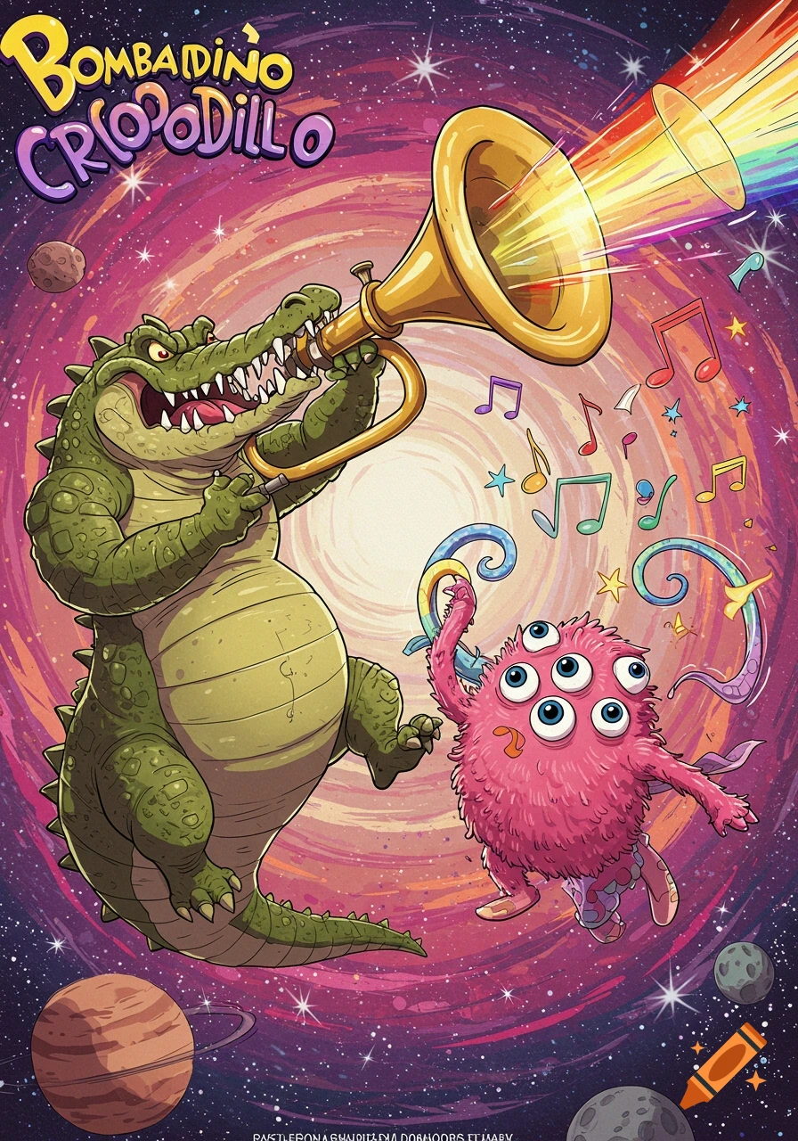 Cartoon illustration of a crocodile playing a horn that shoots a ...