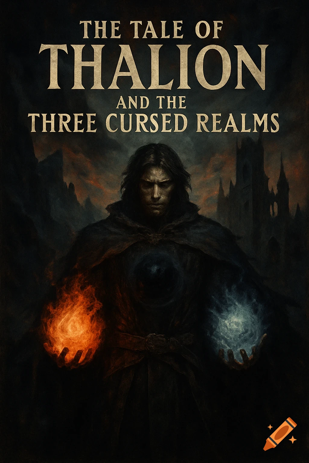 Fantasy novel cover with hero holding glowing orbs of fire, darkness ...