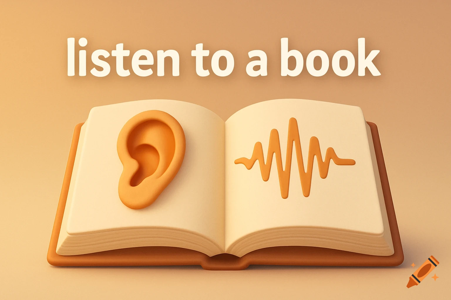 3D render of an open book with an ear and sound wave, text says 'listen ...