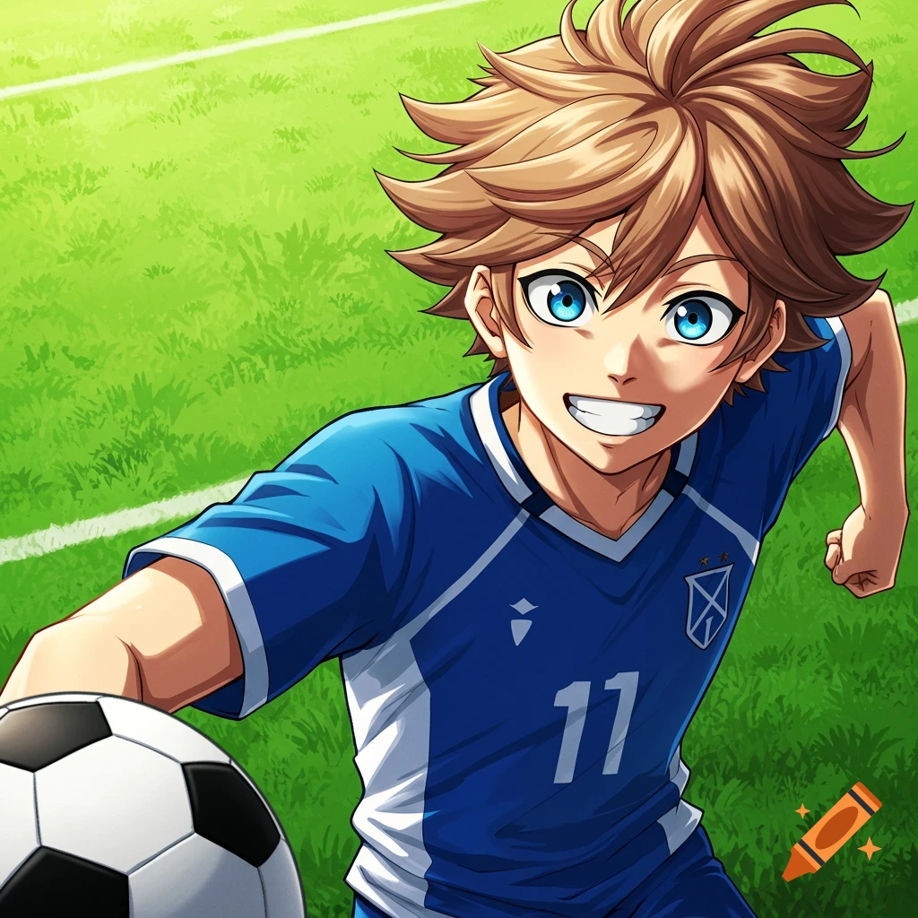 Anime boy in blue soccer jersey smiling on a field with a soccer ball ...