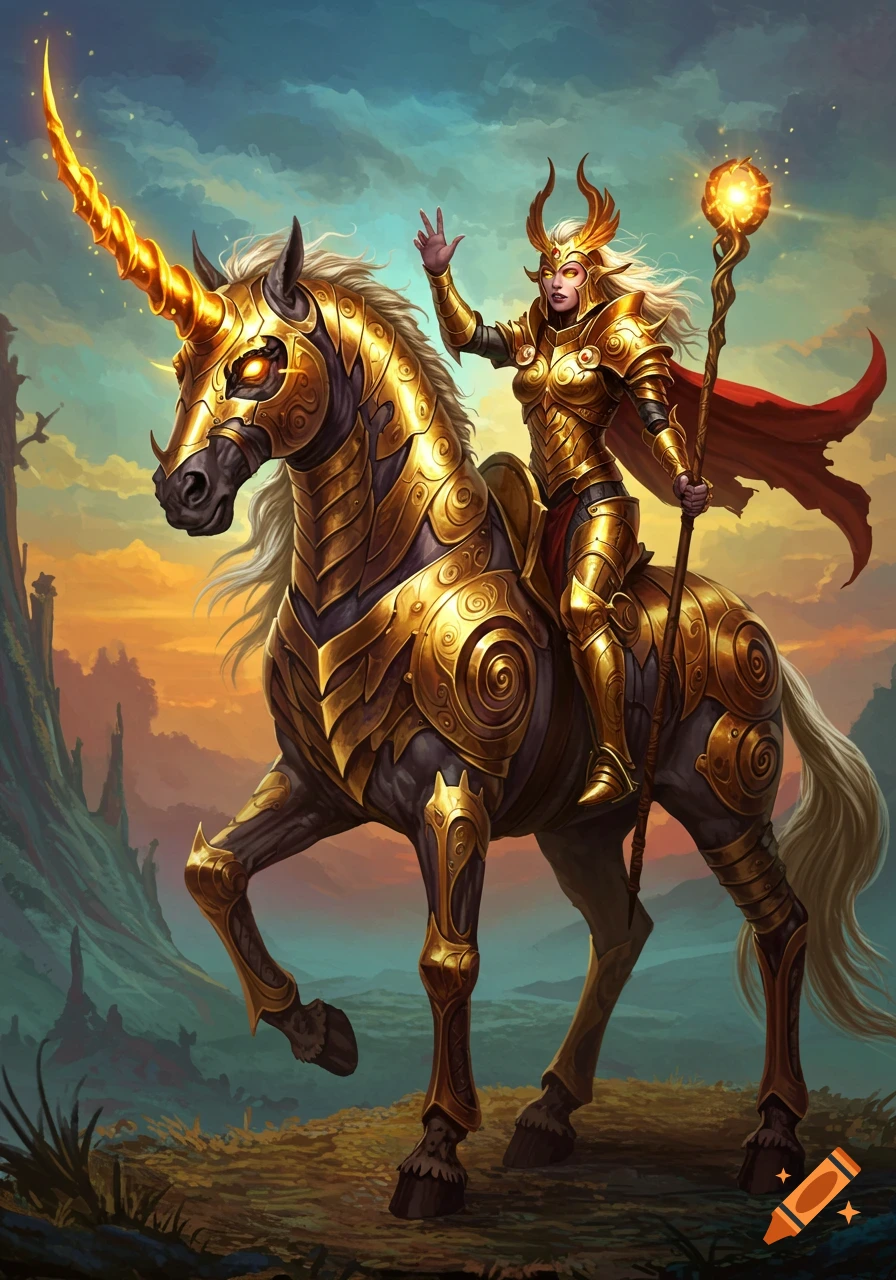 Woman in gold armor riding a gold armored unicorn in a fantasy landscape. on Craiyon
