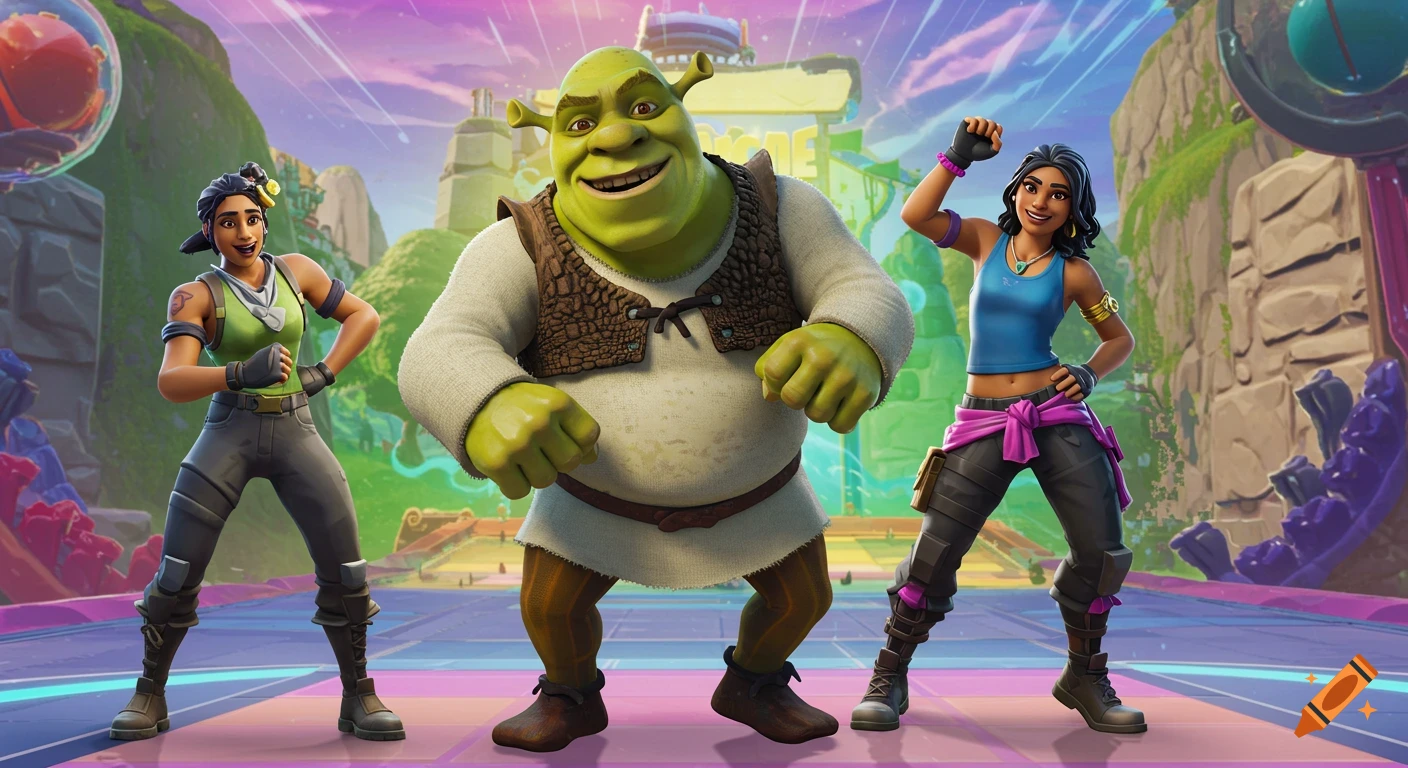 Shrek hitting the griddy in Fortnite with a Latina character on Craiyon