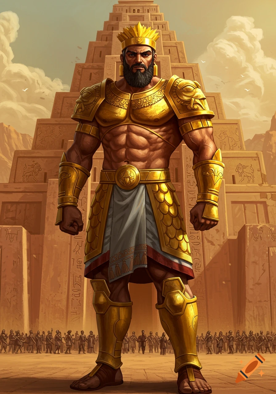 A powerful warrior king in golden armor stands before a massive ...