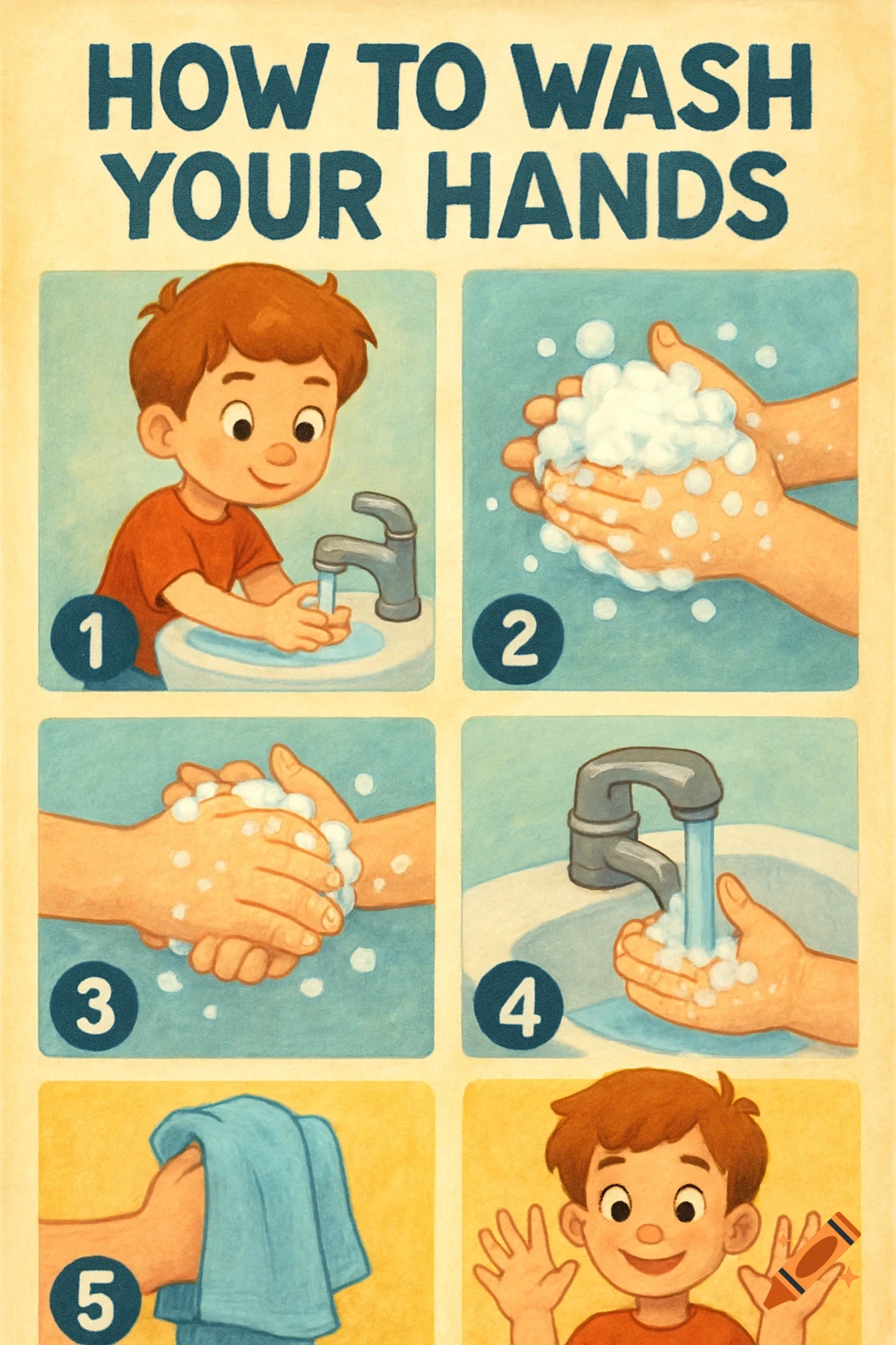 Poster showing kids how to wash hands on Craiyon