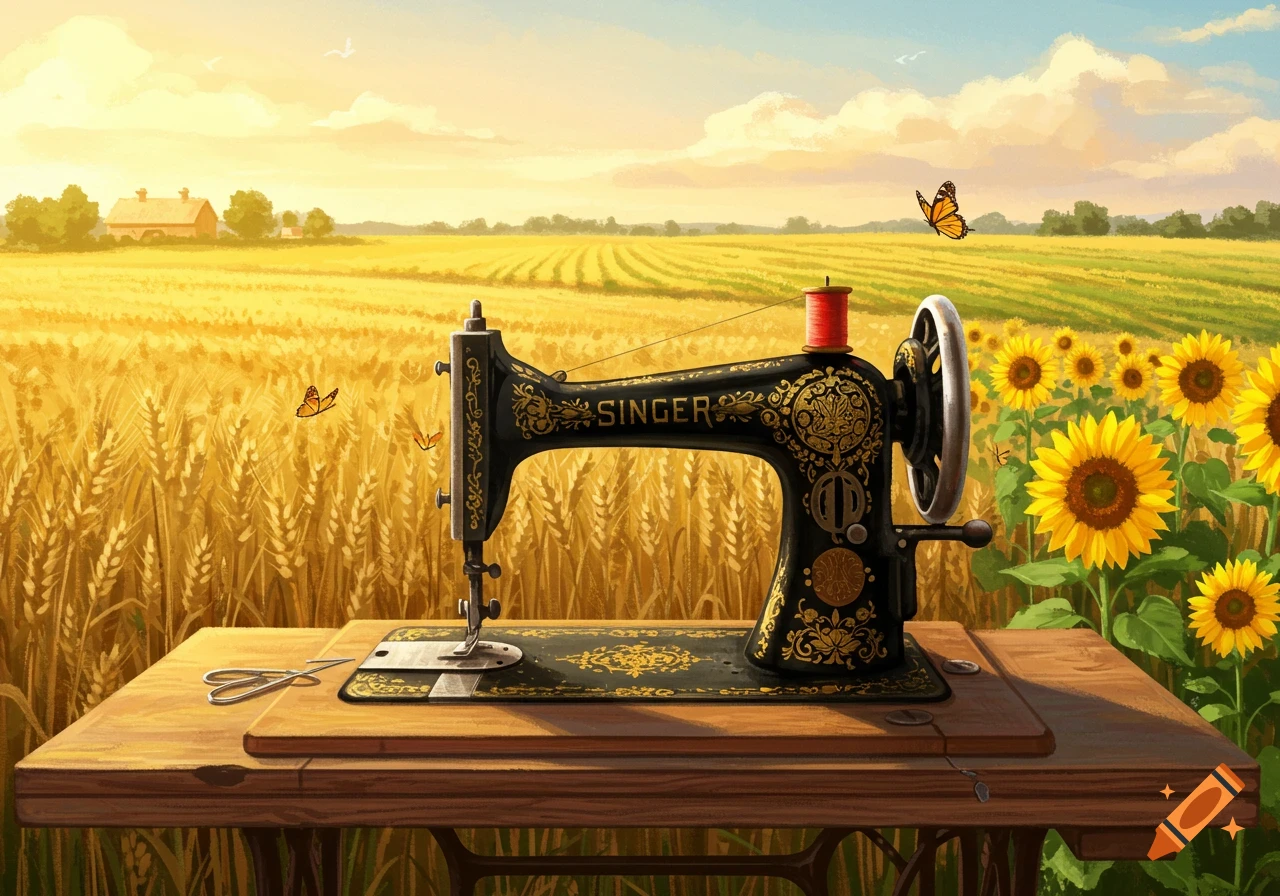 A vintage black and gold Singer sewing machine sits on a wooden table ...