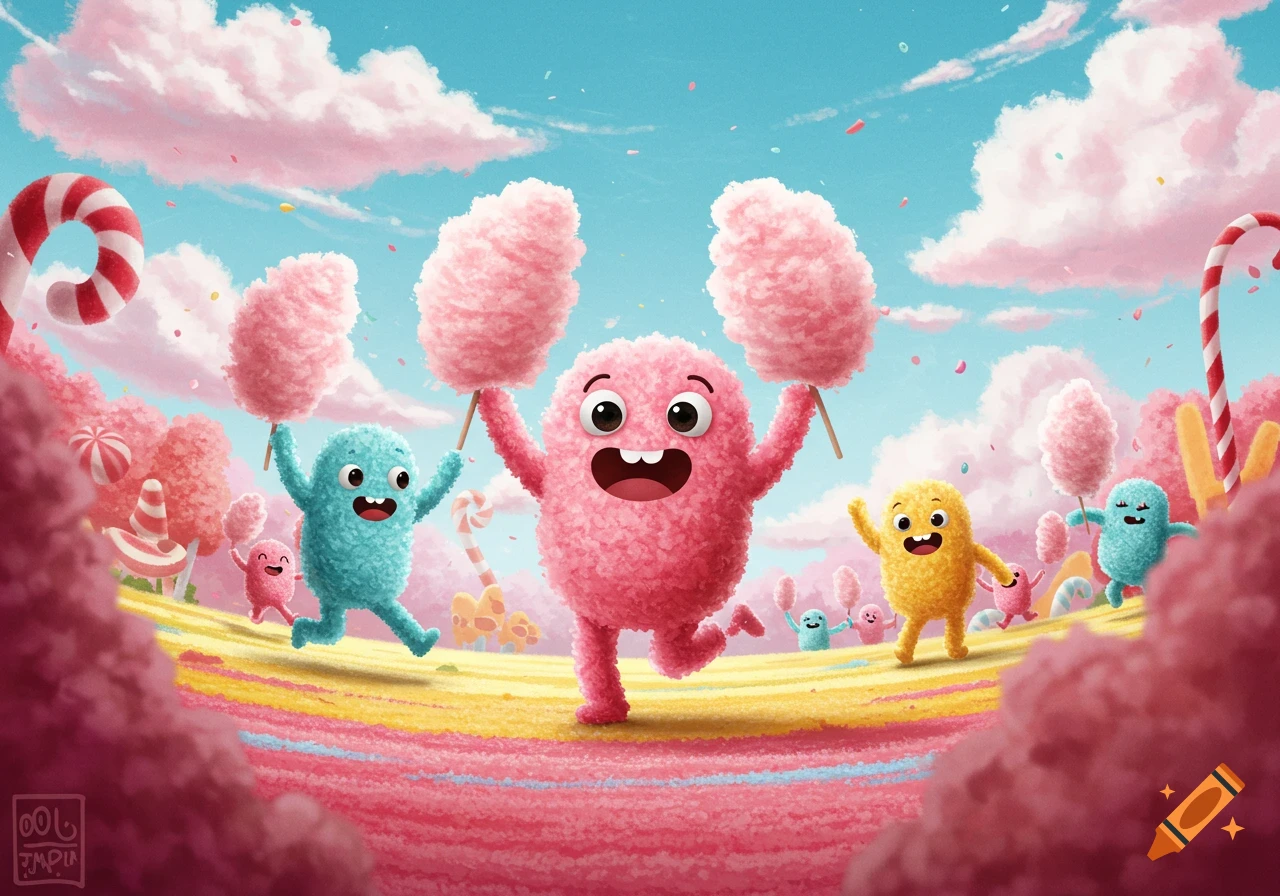 Happy colorful fuzzy monsters holding cotton candy in a bright candy ...