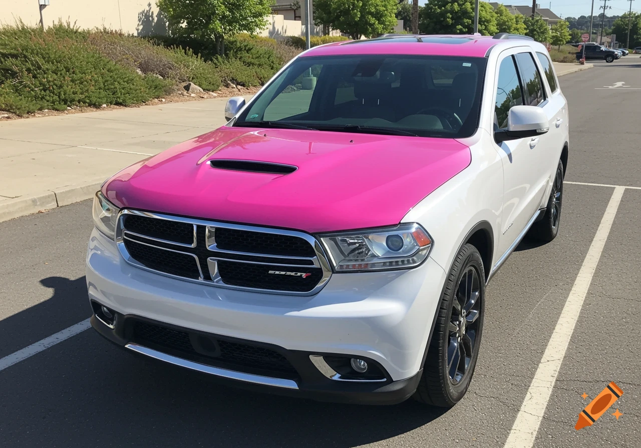 A white Dodge Durango SUV with a vibrant pink hood is parked outside on ...
