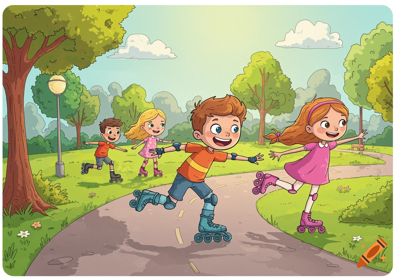Cartoon illustration of children roller skating in a park. on Craiyon