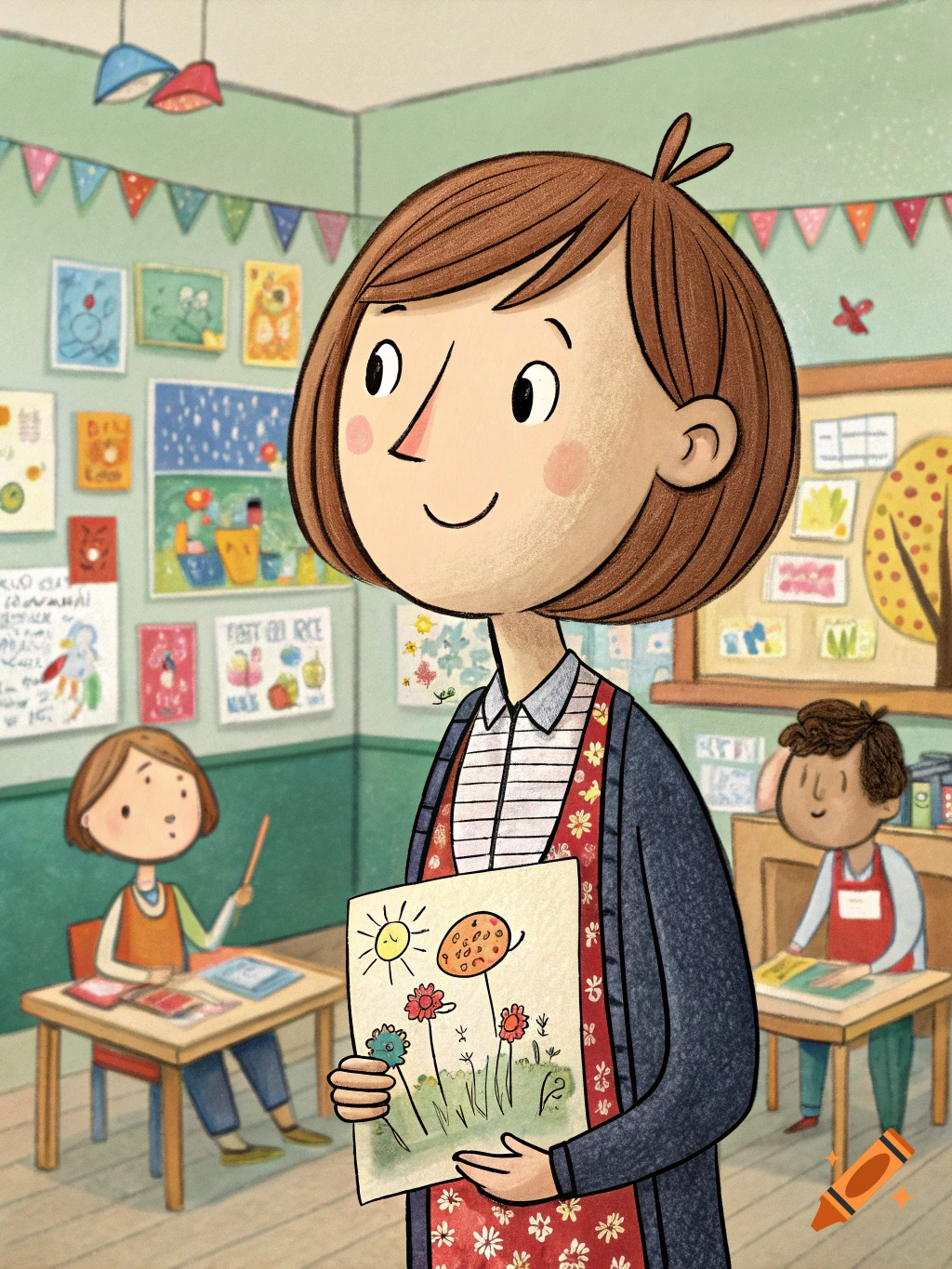 Illustrated image of a teacher holding a child's drawing in a classroom ...