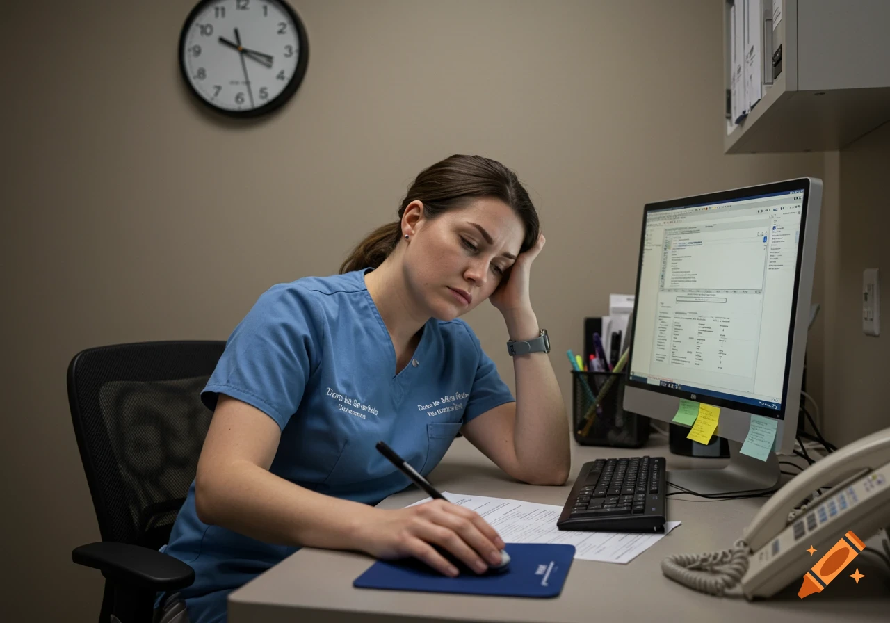 Tired physical therapist works on computer at desk in office. on Craiyon