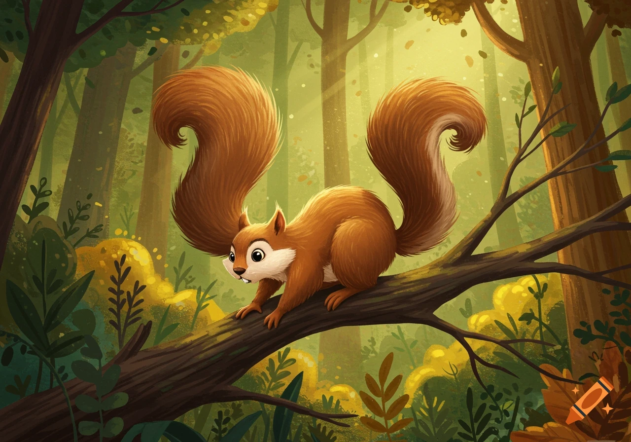 Cute cartoon rabbit and squirrel talking in a forest clearing by a ...